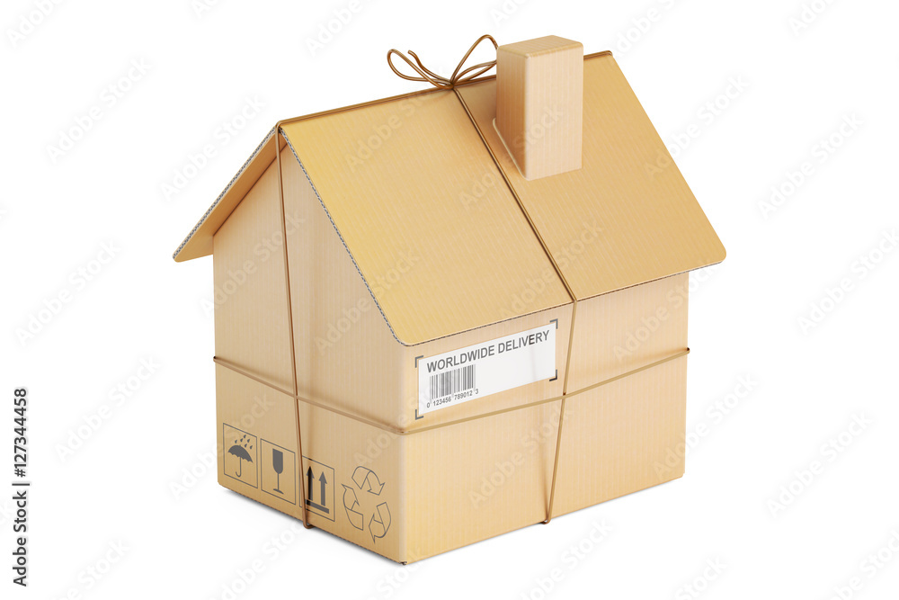 Residential Moving concept, cardboard house parcel, 3D rendering Stock ...