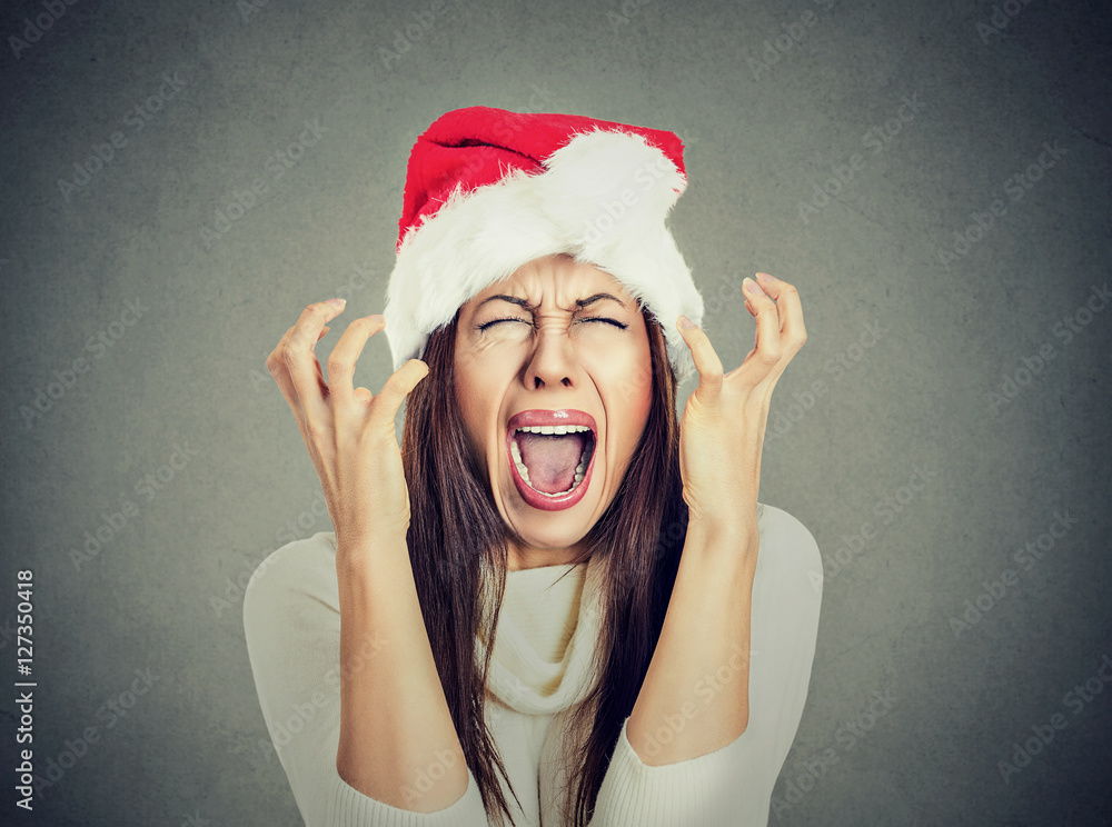 worried stressed overwhelmed woman wearing santa claus hat screaming ...