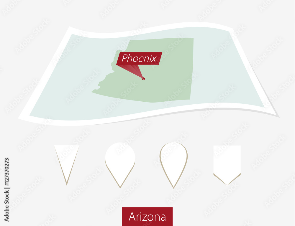 Curved paper map of Arizona state with capital Phoenix on Gray ...