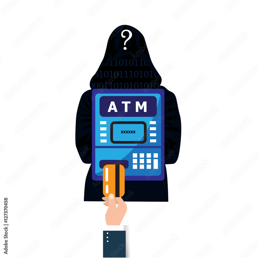 Thief. Hacker stealing sensitive password from ATM machine. Phishing ...