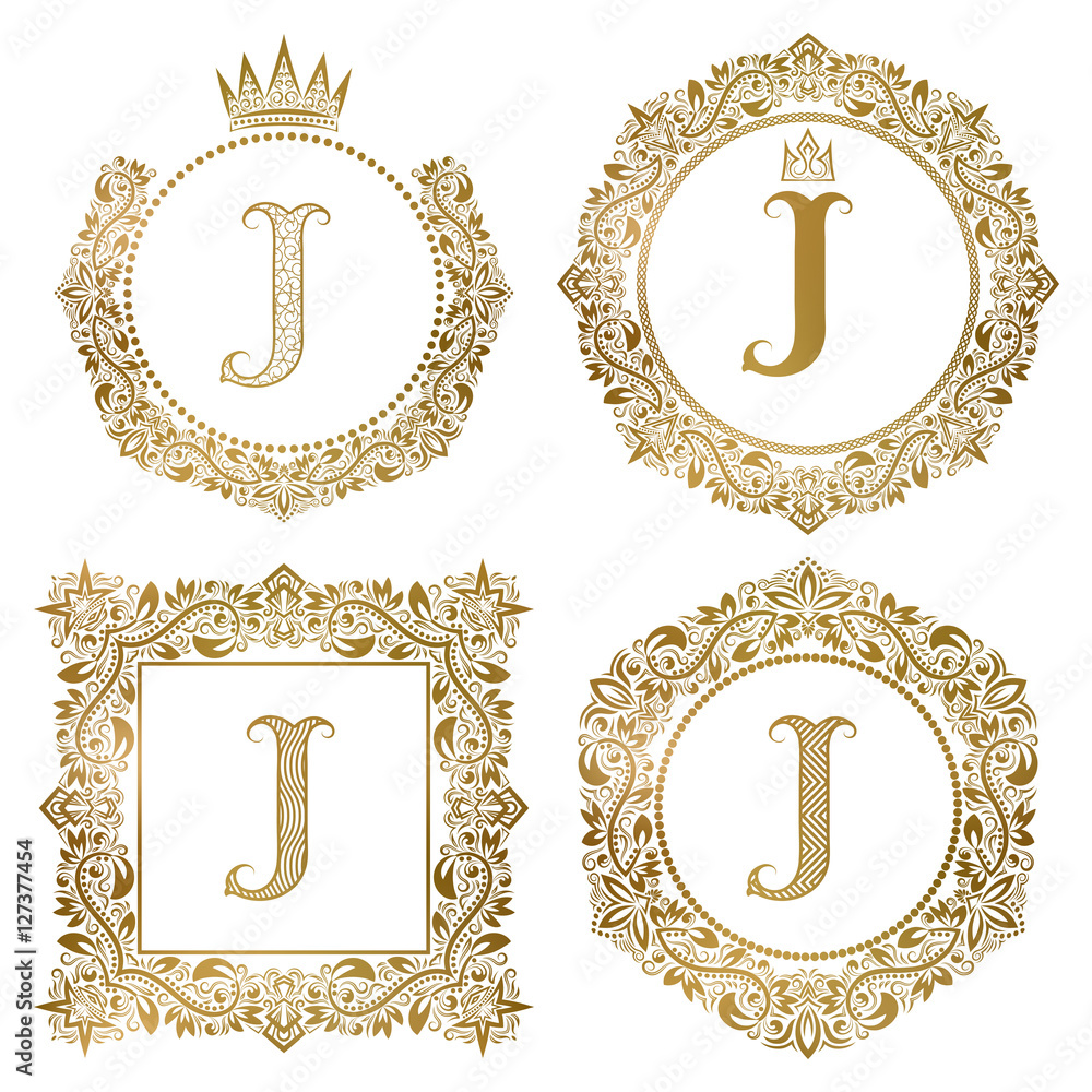 Golden letter J vintage monograms set. Heraldic coats of arms, round ...