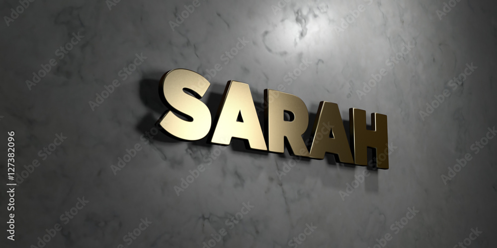 Sarah - Gold sign mounted on glossy marble wall - 3D rendered royalty ...