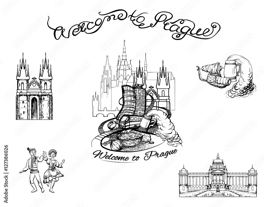 Prague landmarks set. Vector illustration. Czech capital old buildings ...