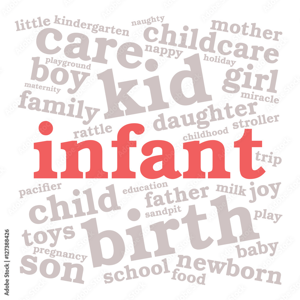 Infant. Word cloud, red font, white background. Family concept. Stock ...