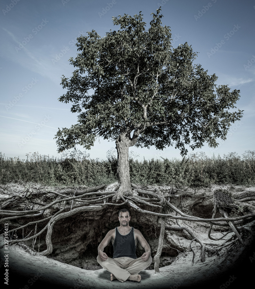 Young man meditating under tree with roots Stock Photo | Adobe Stock
