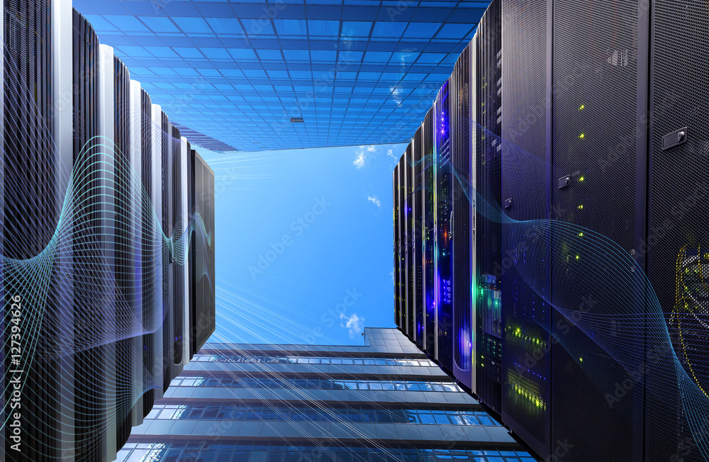 concept server room of data center and building exterior wall under the ...