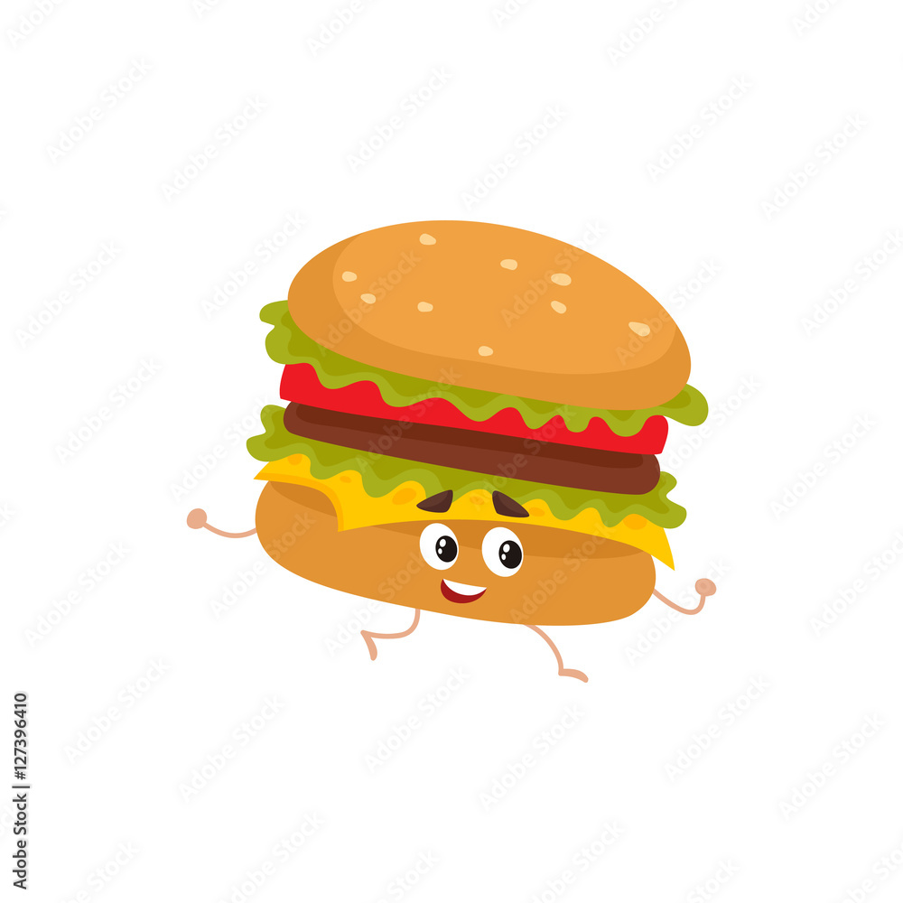 Funny burger fast food kids menu character, cartoon style vector ...