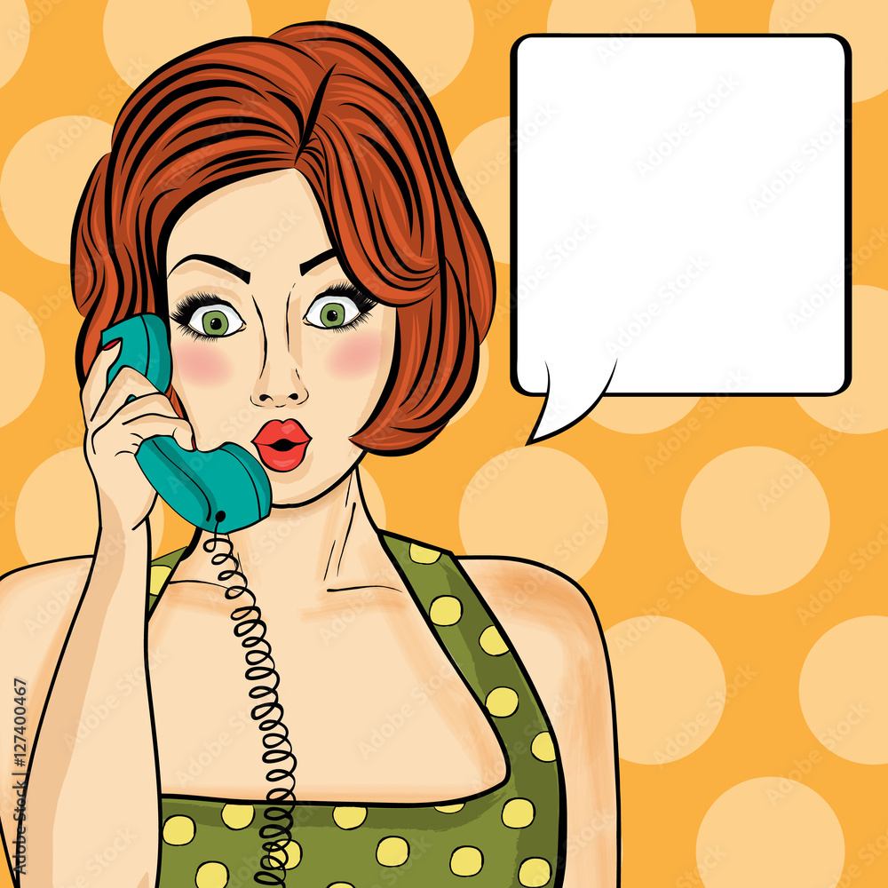 Surprised pop art woman chatting on retro phone . Comic woman w ...