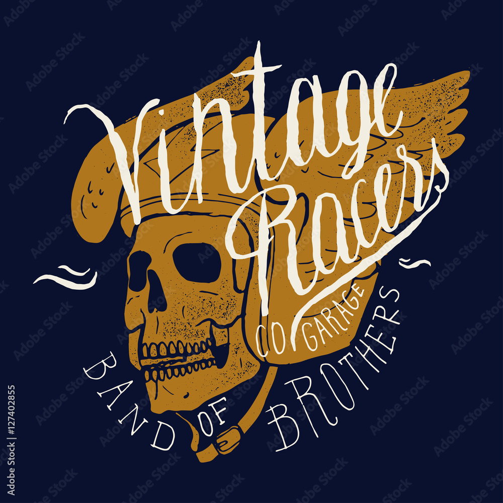 vintage racers - band of brothers. skull in winged helmet print. Stock ...
