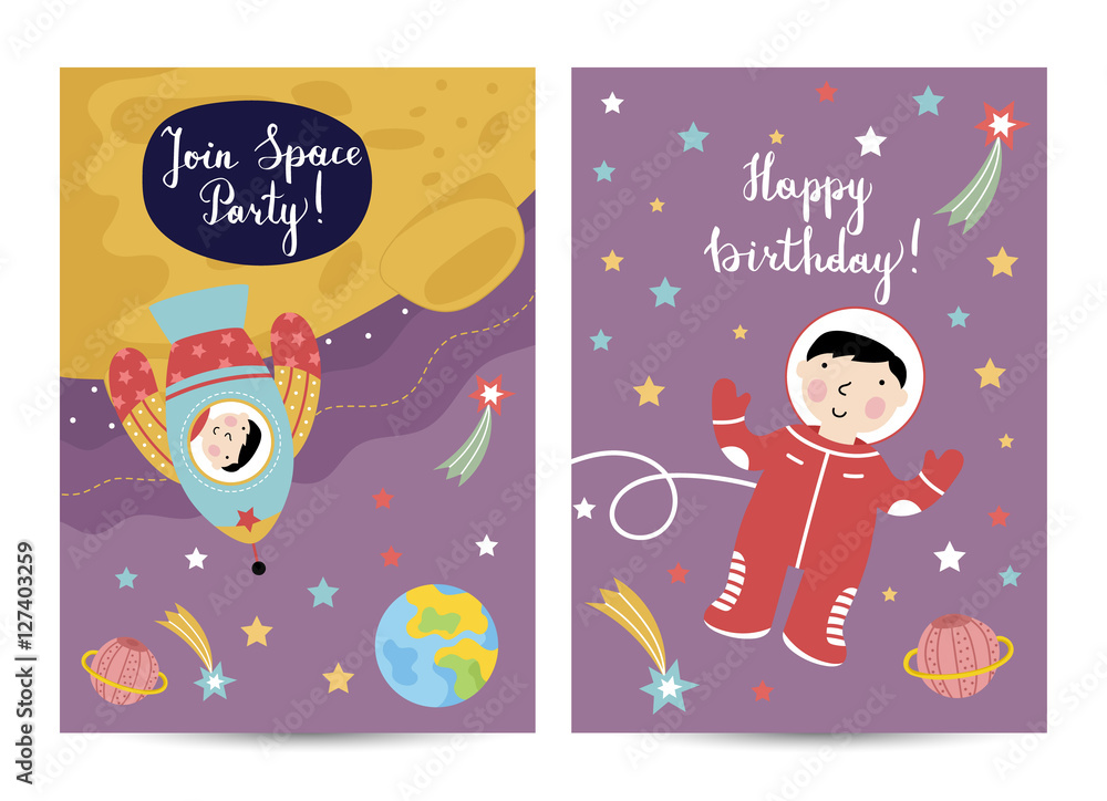 Happy birthday cartoon greeting card on space theme. Rocket with boy on ...