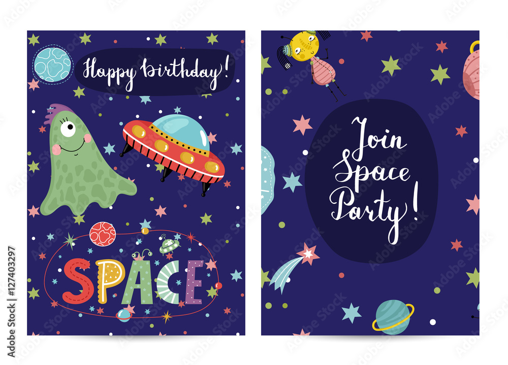 Happy birthday cartoon greeting card on space theme. Cute aliens and ...