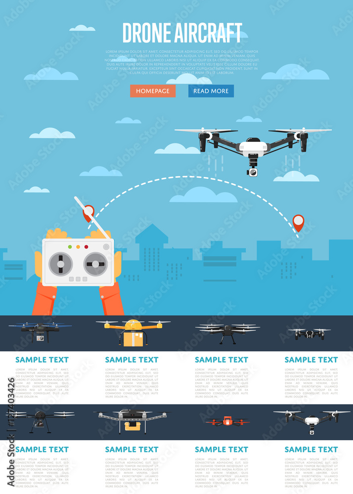 Drone technology banner with remotely controlled flying robot in city ...