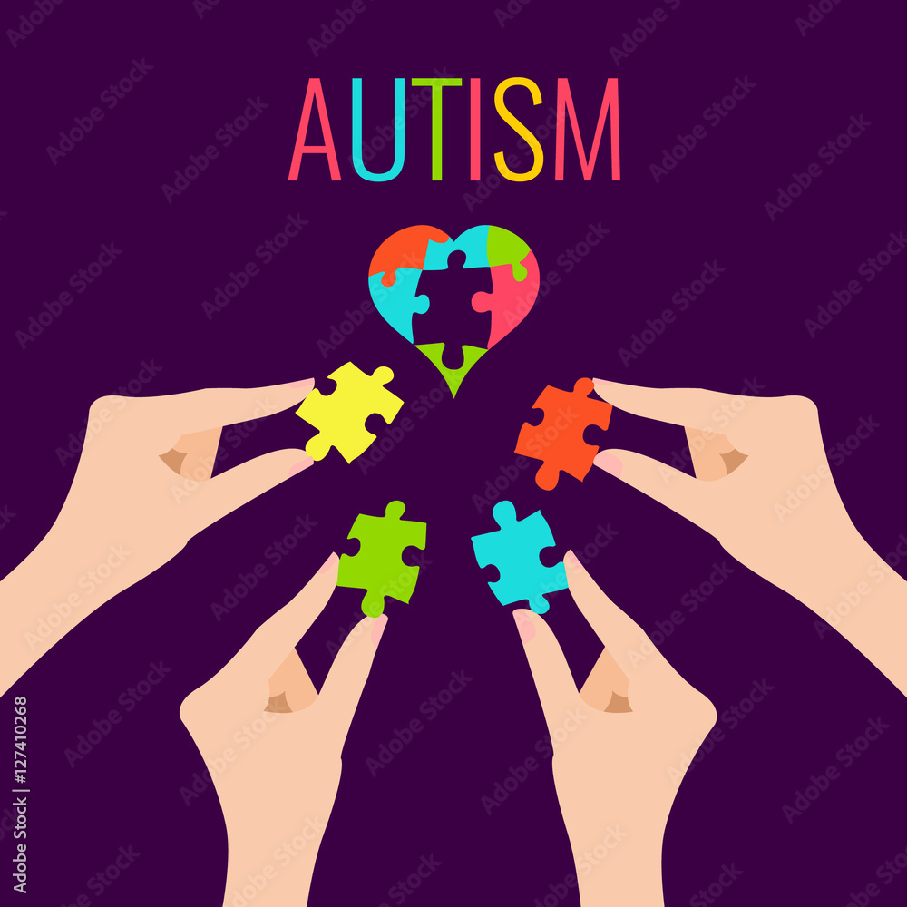 Autism awareness poster with heart and hands on purple background ...
