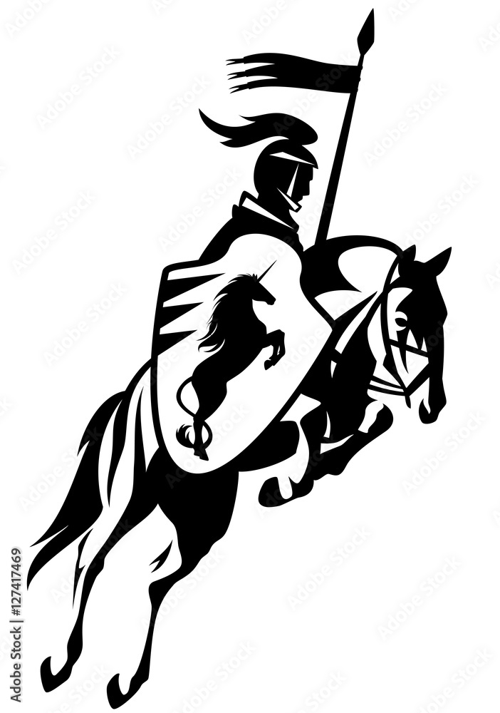 knight riding horse - black and white vector design Stock Vector ...