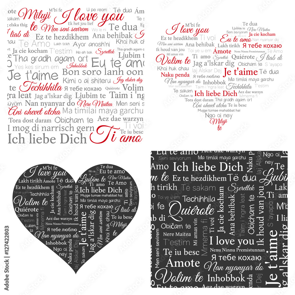 Set of word cloud hearts and seamless backgrounds. Phrase I love you in ...