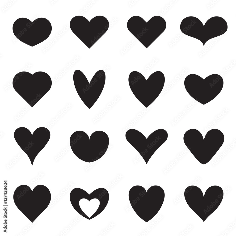 Heart symbol shapes. Set of sixteen different symmetrical templates of ...