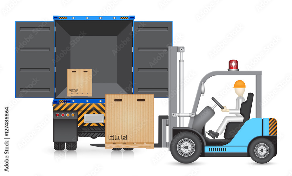 Vector illustration of operator handling cardboard box on pallet into ...