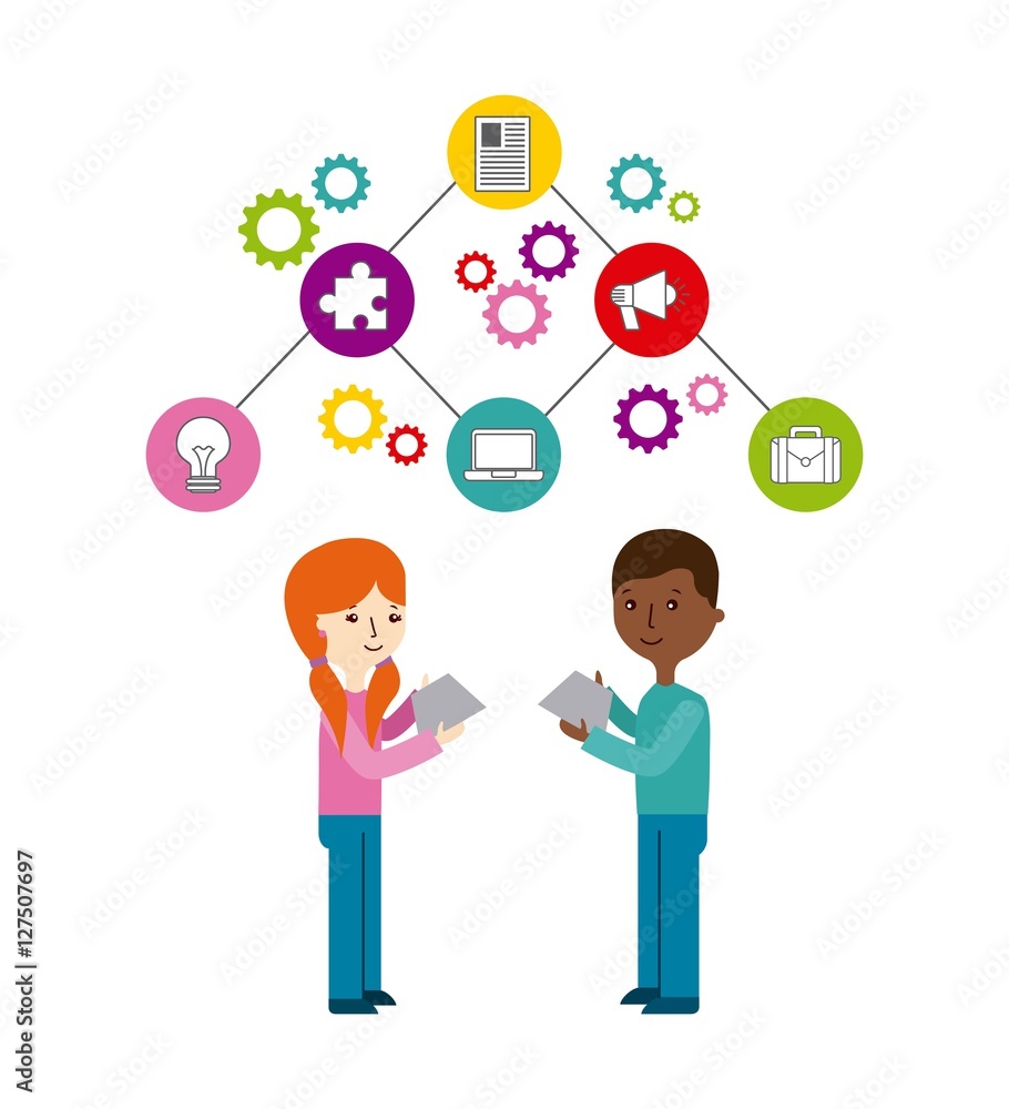 cartoon woman and man with communication icons over white background ...