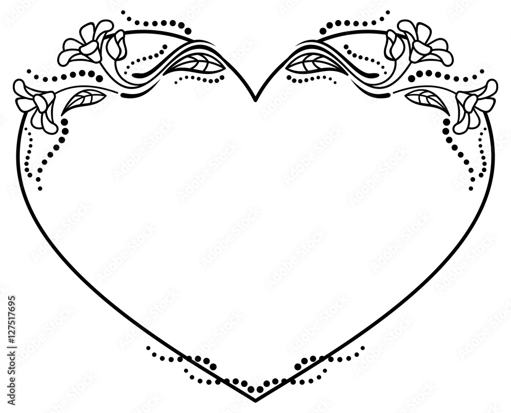 Heart-shaped black and white frame with floral silhouettes. Copy space ...