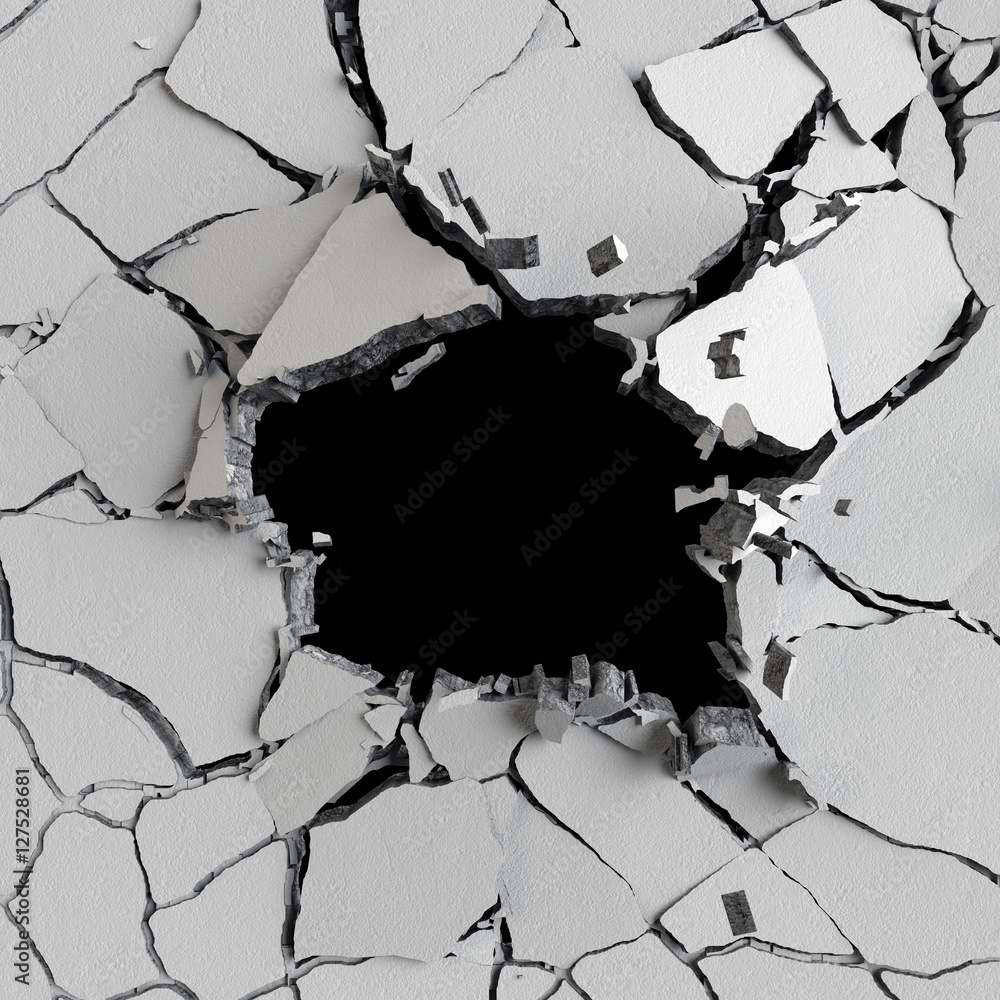 3d render, 3d illustration, explosion, cracked concrete wall, bullet ...