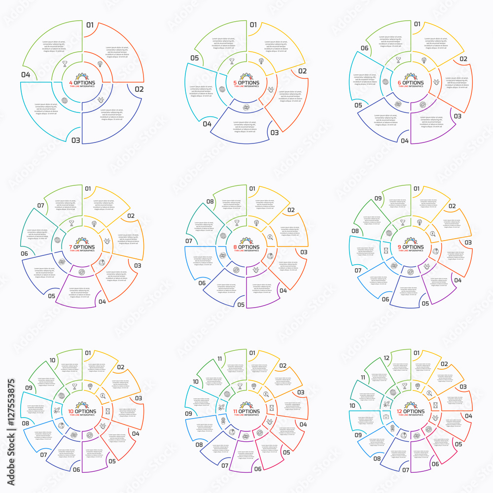 Set of thin line pie chart infographic templates with 4-12 options ...