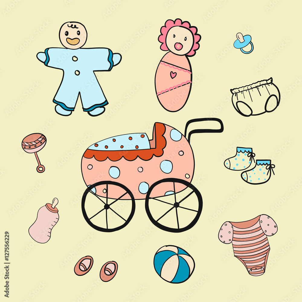 Baby and accessories catoon hand draw Stock Vector | Adobe Stock
