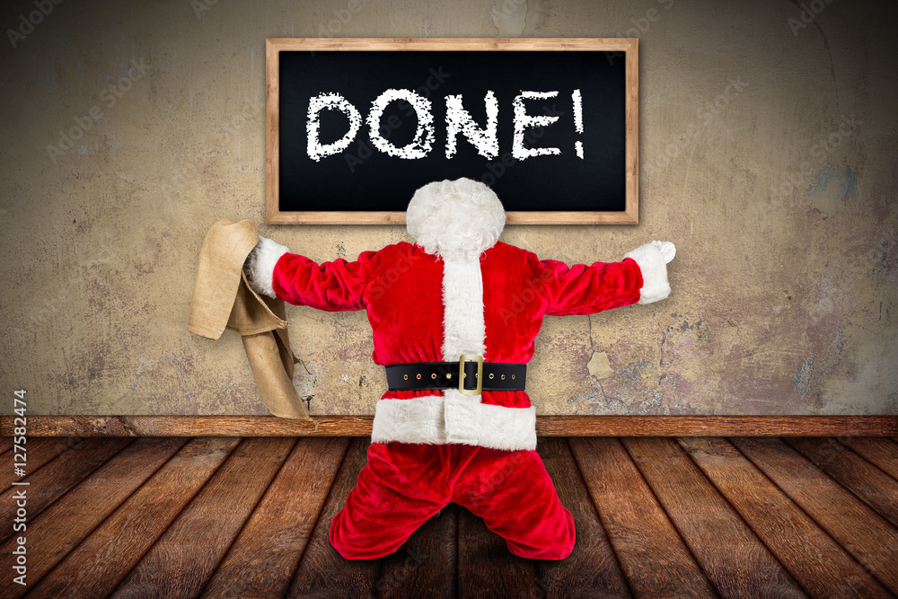 classic red white Santa Claus with empty bag celebrating on his knees ...