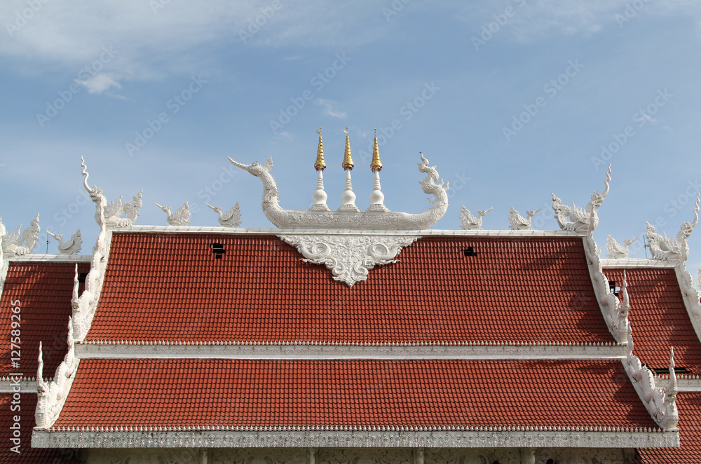 Northern Thai temple roof with gable apex naga style on the top. Stock ...