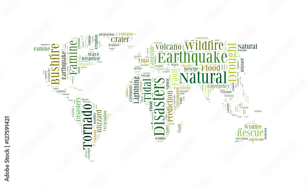 Natural disasters word cloud in the shape of the Earth, background ...