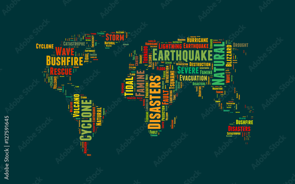 Natural disasters word cloud in the shape of the Earth, background ...