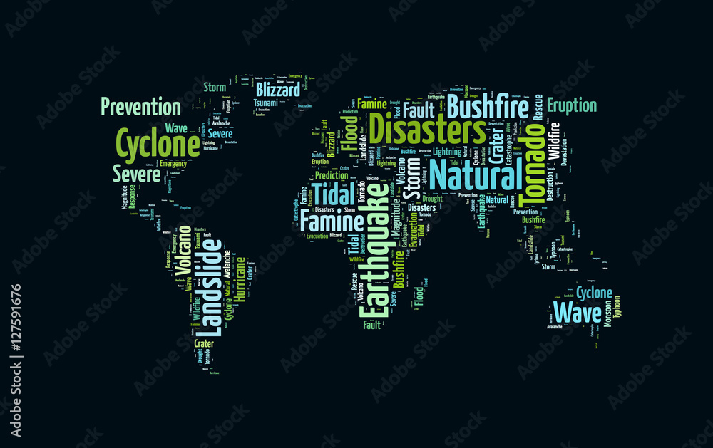 Natural disasters word cloud in the shape of the Earth, background ...