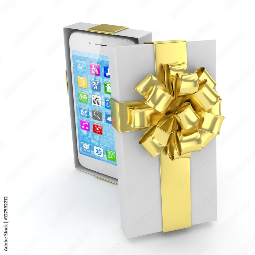 Smartphone in gift box. Isolated on white background. 3d rendering ...