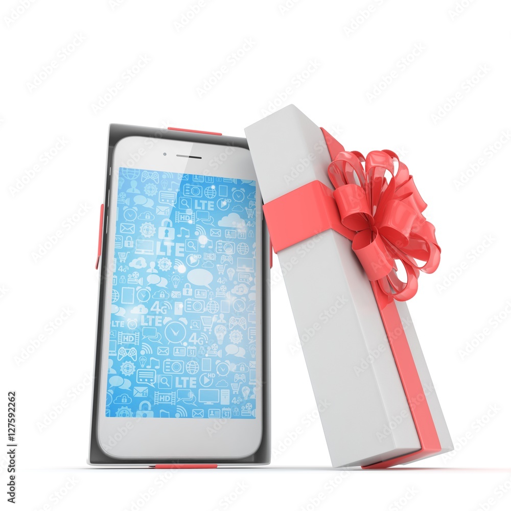 Smartphone in gift box. Isolated on white background. 3d rendering ...