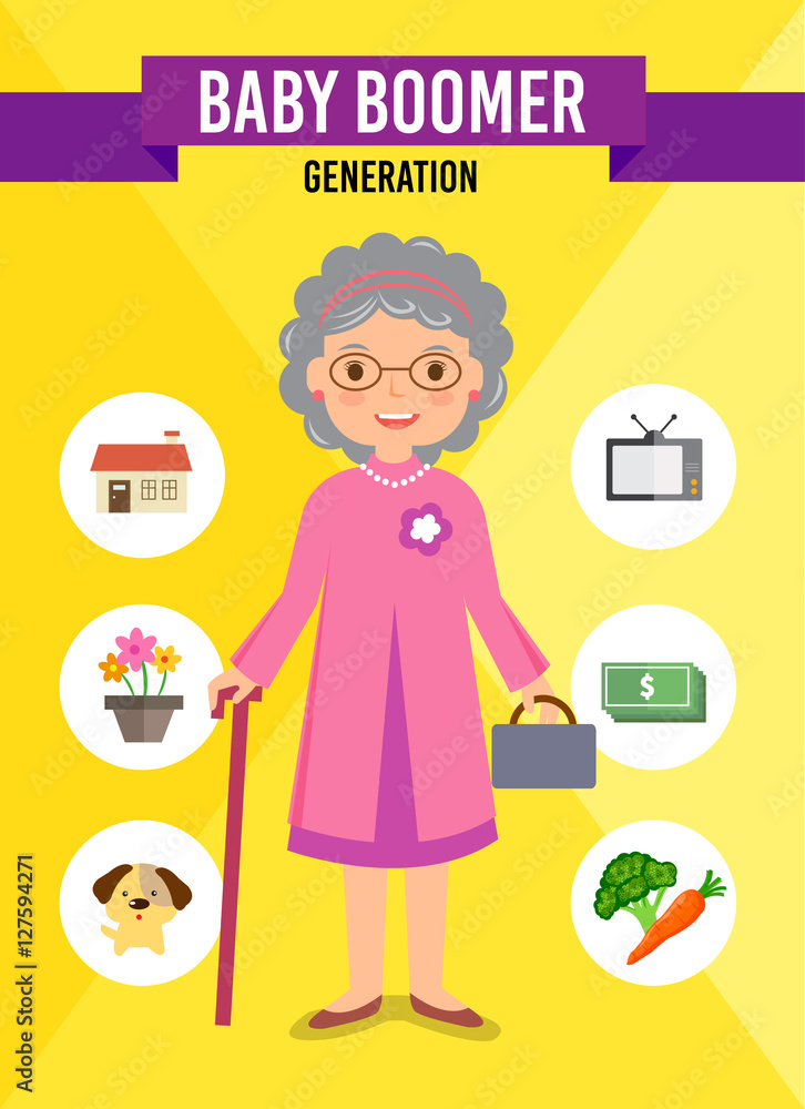 Poster Baby Boomer Generation cartoon character, infographic – Wall Art ...