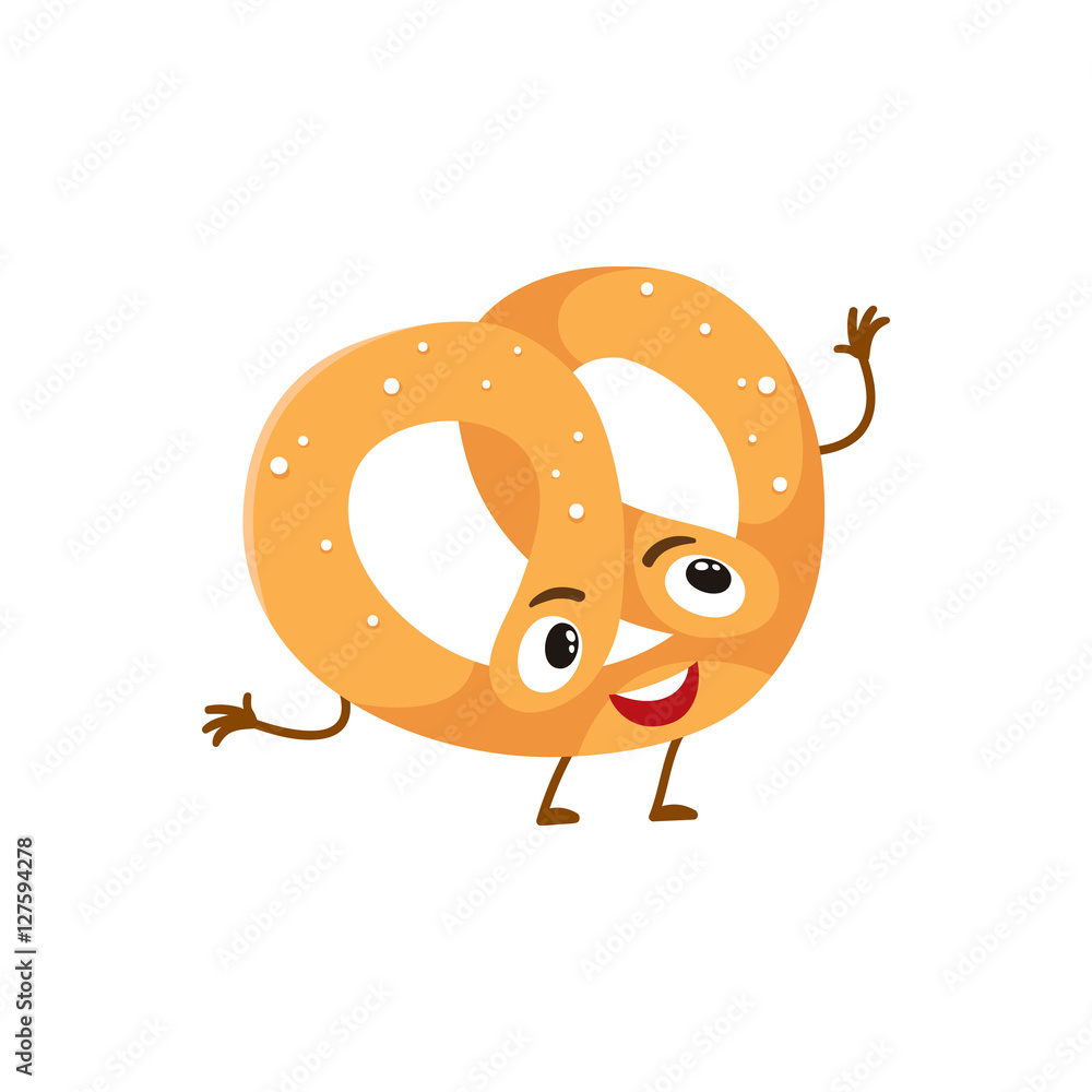 Funny freshly baked pretzel character, cartoon style vector ...