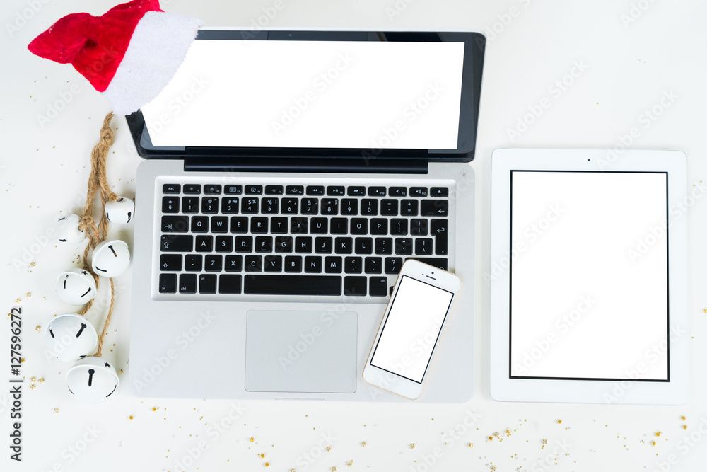 Flat lay scene of office table desk. Christmas workspace with laptop ...