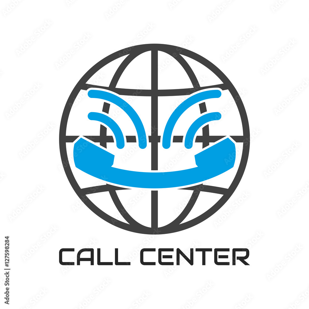 Logo call center in flat style, looks like smile. Blue old phone ...