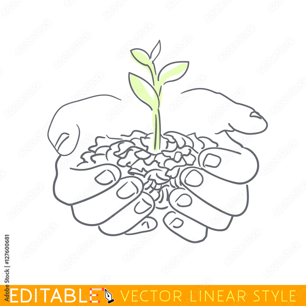Sprout in caring hands. Editable outline sketch. Stock vector ...