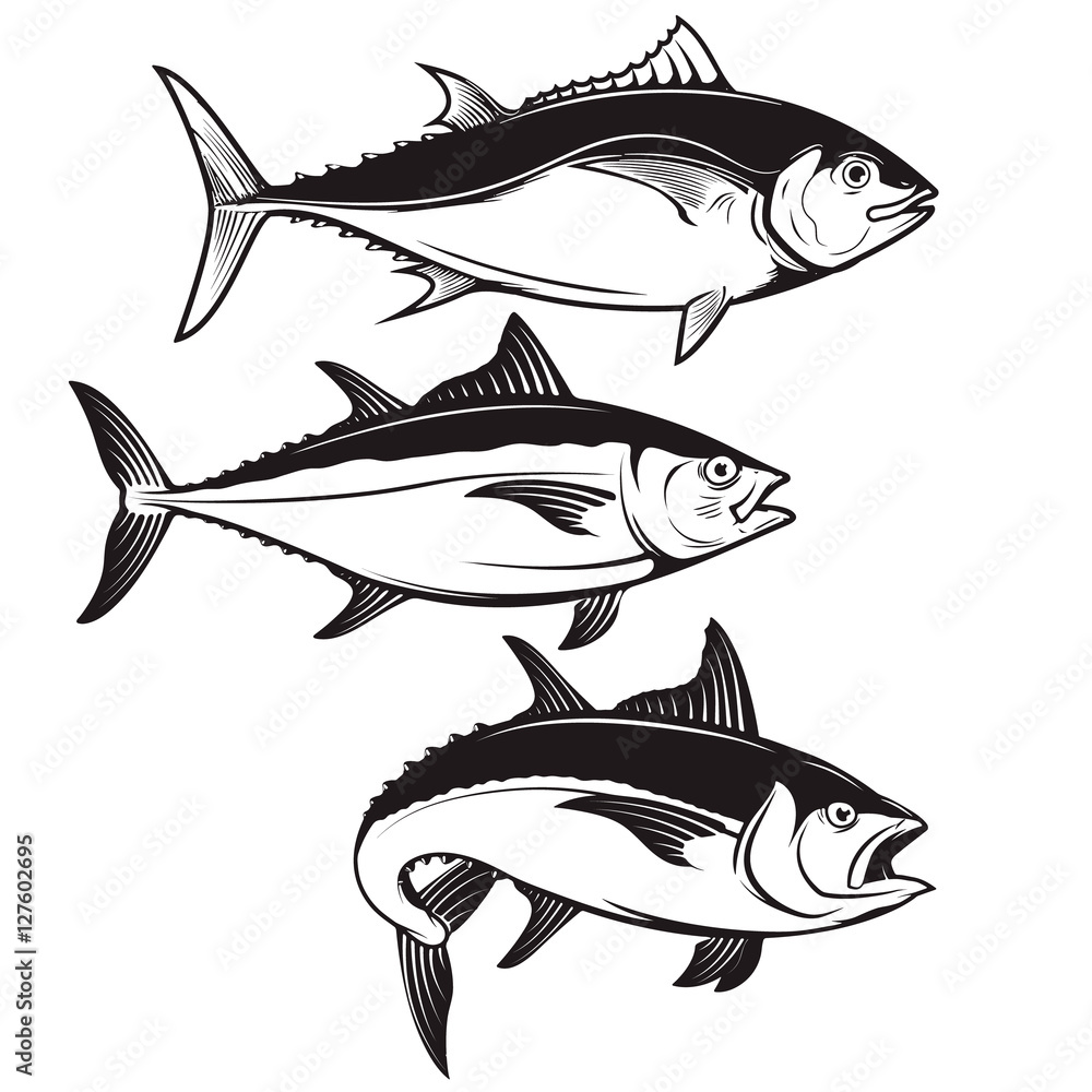 Set of tuna fish icons isolated on white background. Design elements ...