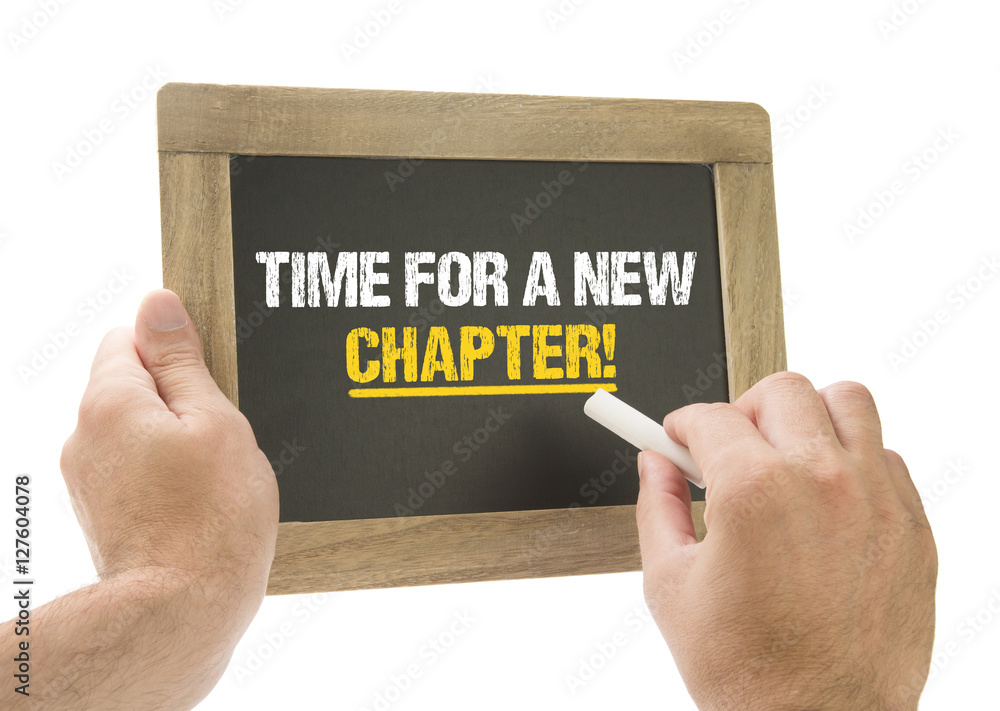Foto de Time for a new Chapter! / Hand schreibt auf Tafel do Stock ...