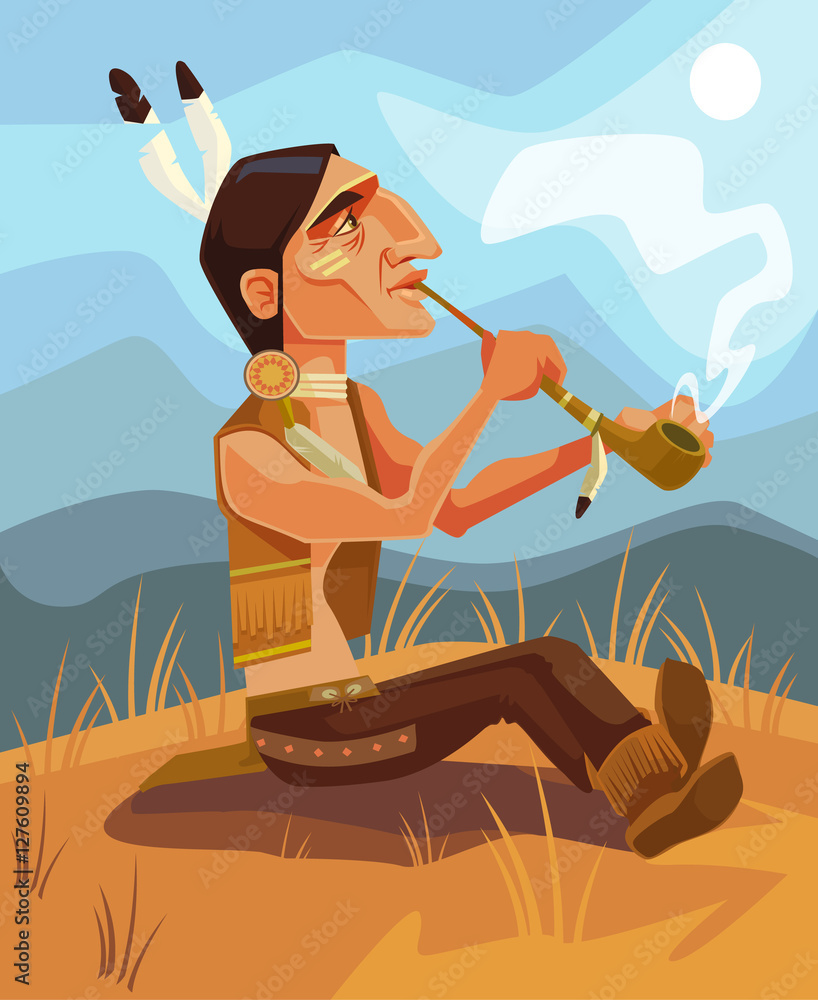 Indian shaman chief character smoking pipe of peace. Vector flat ...