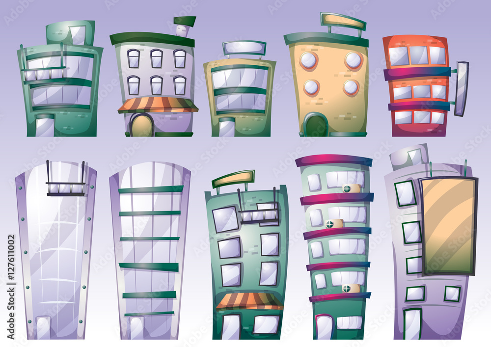cartoon vector building objects with separated layers for game art and ...