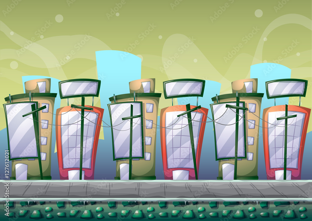 cartoon vector building background with separated layers for game art ...