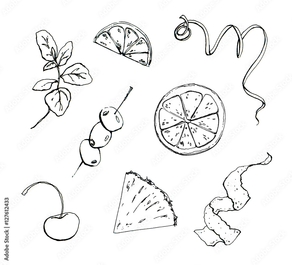 hand drawn set of graphic garnish elements fruits and berries on white ...