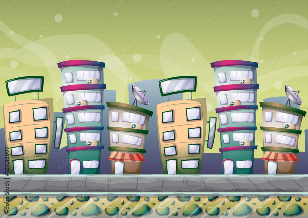 cartoon vector building background with separated layers for game art ...