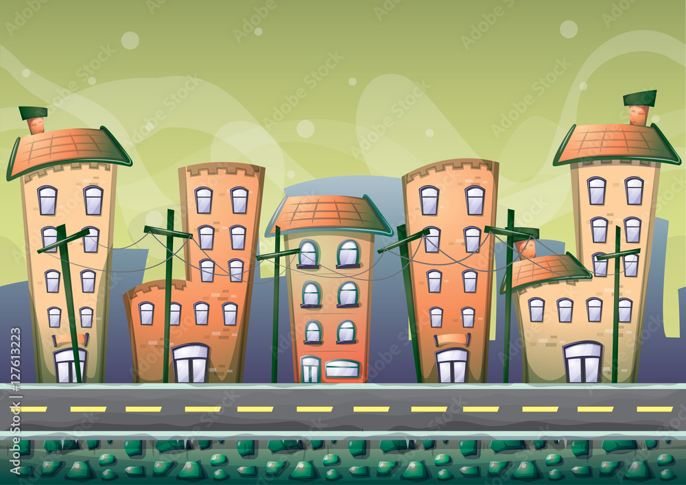 cartoon vector building background with separated layers for game art ...