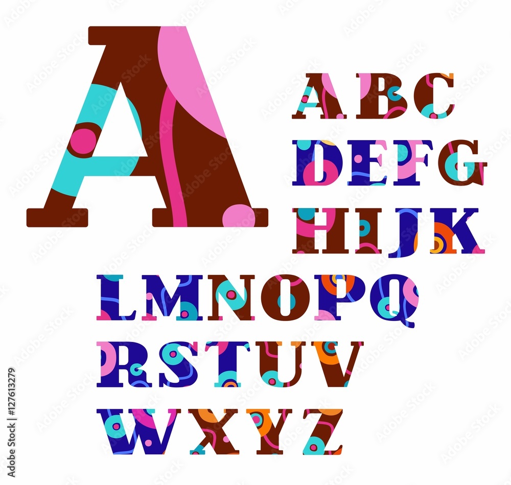 English alphabet, abstract, circles, colorful, vector font. Brown and ...