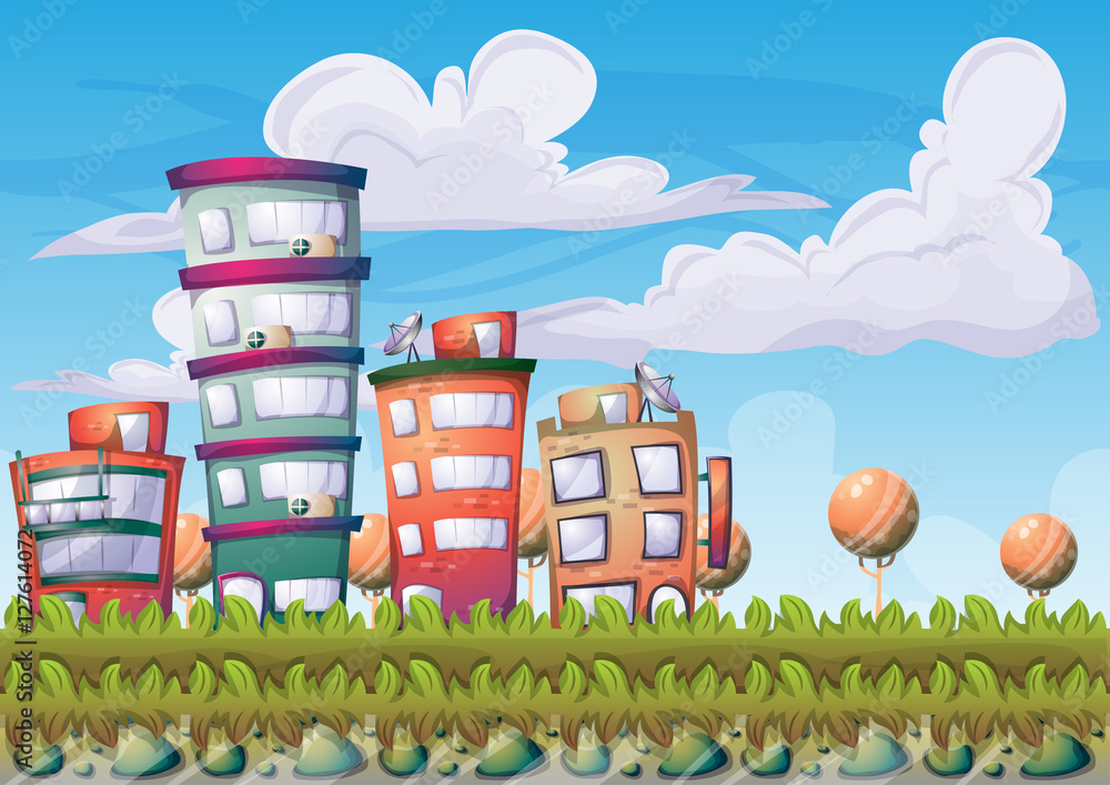cartoon vector building background with separated layers for game art ...