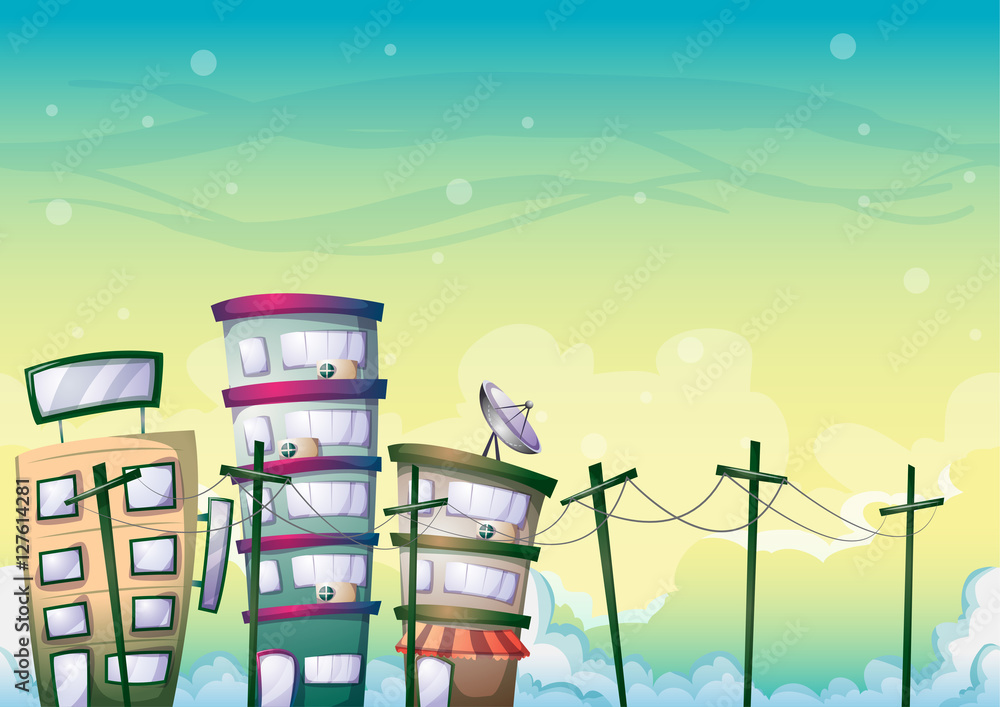 cartoon vector building background with separated layers for game art ...