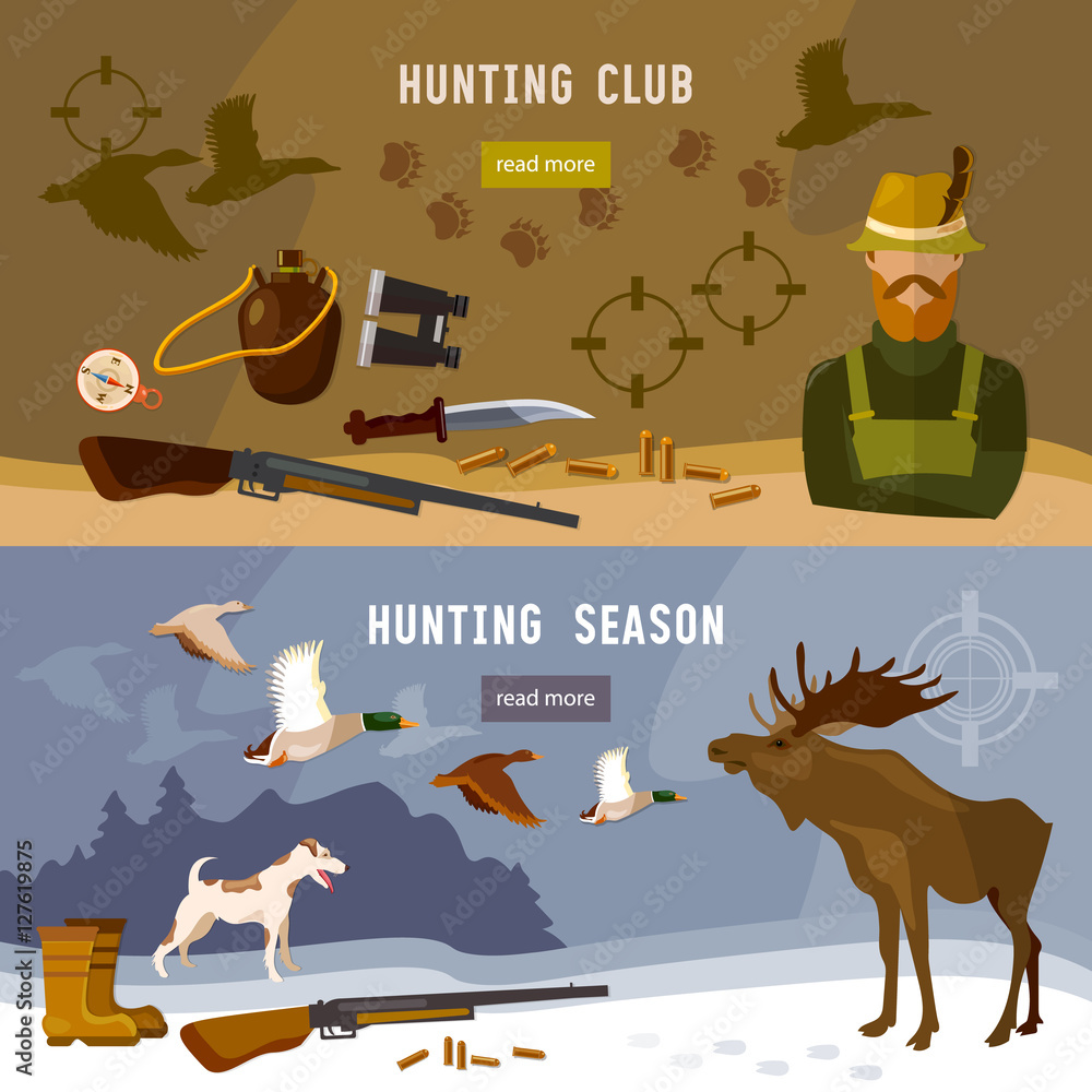 Hunting banners hunter with rifle and dog in forest Stock Vector ...